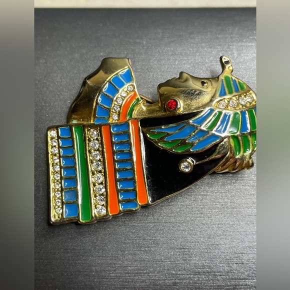 Estate | Jewelry | Pharaoh Enamel Gold Tone Rhinestone Large Brooch ...